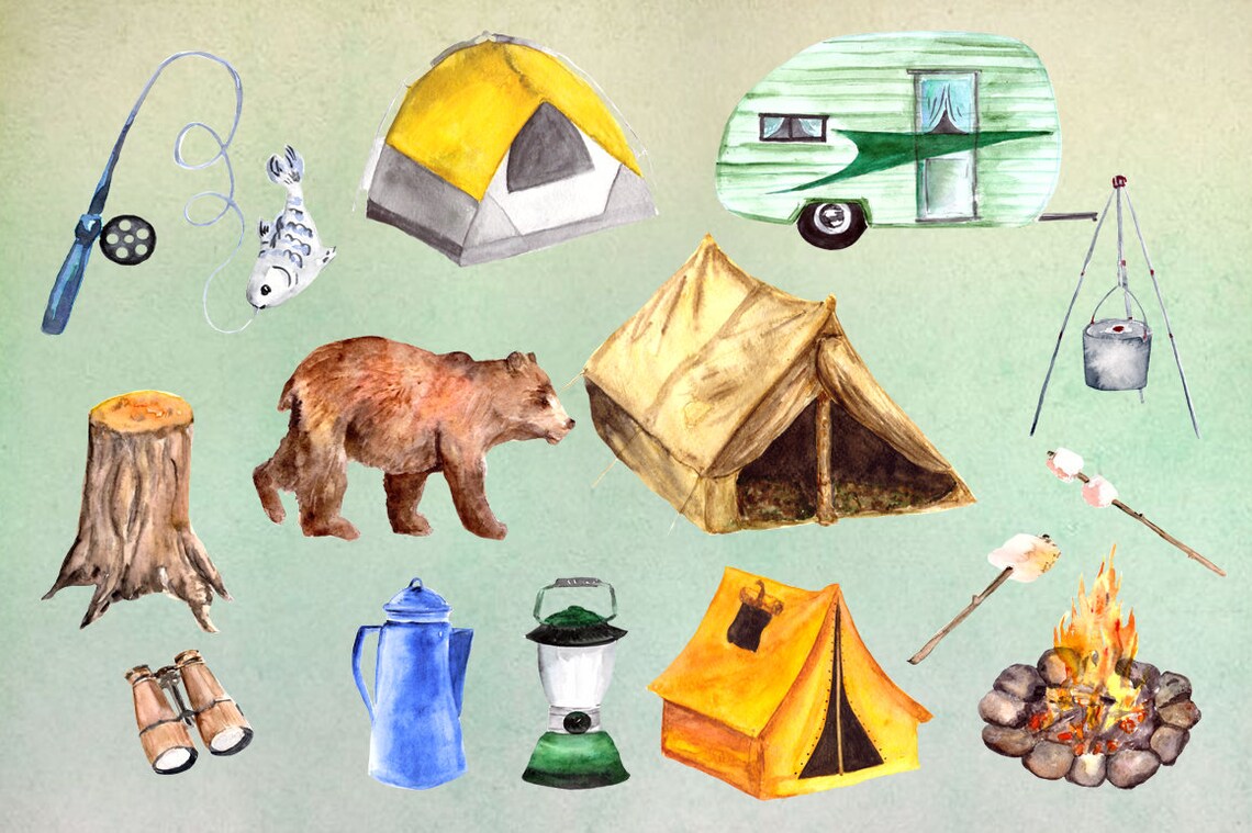 Watercolor Camping Clip Art Set - Etsy