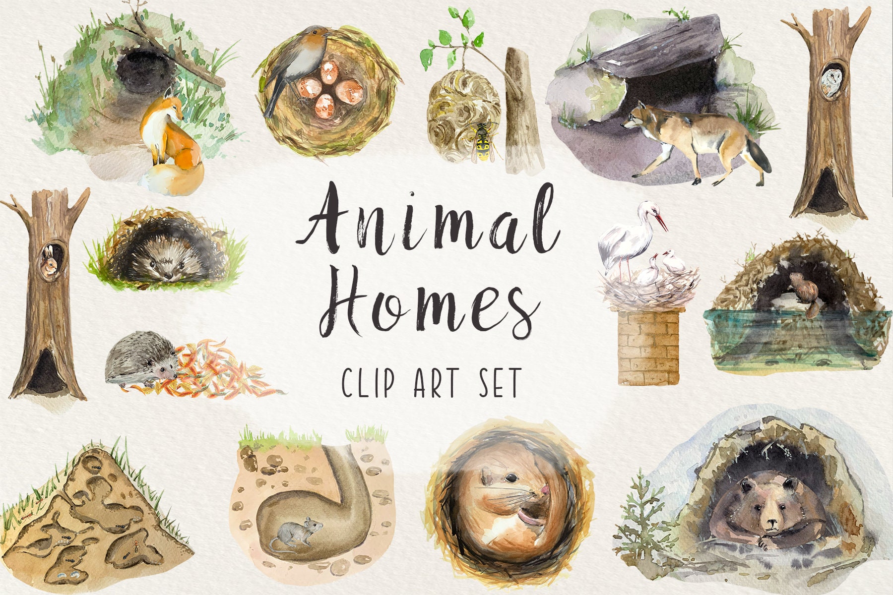 Animal Homes Watercolor Clip Art Set - Etsy