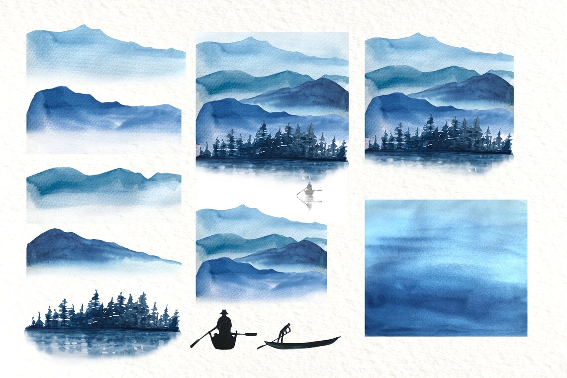 Blue Mountains Watercolor Clip Arts and Print - Etsy
