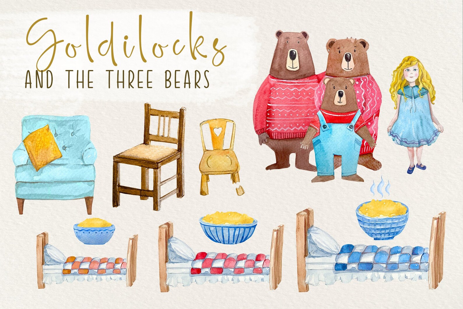 Goldilocks Watercolor Clip Art Set and Flashcards | Etsy New Zealand