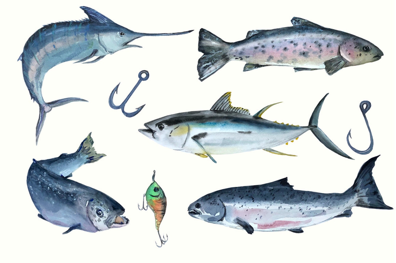 Watercolor Fishing Clip Art Set - Etsy