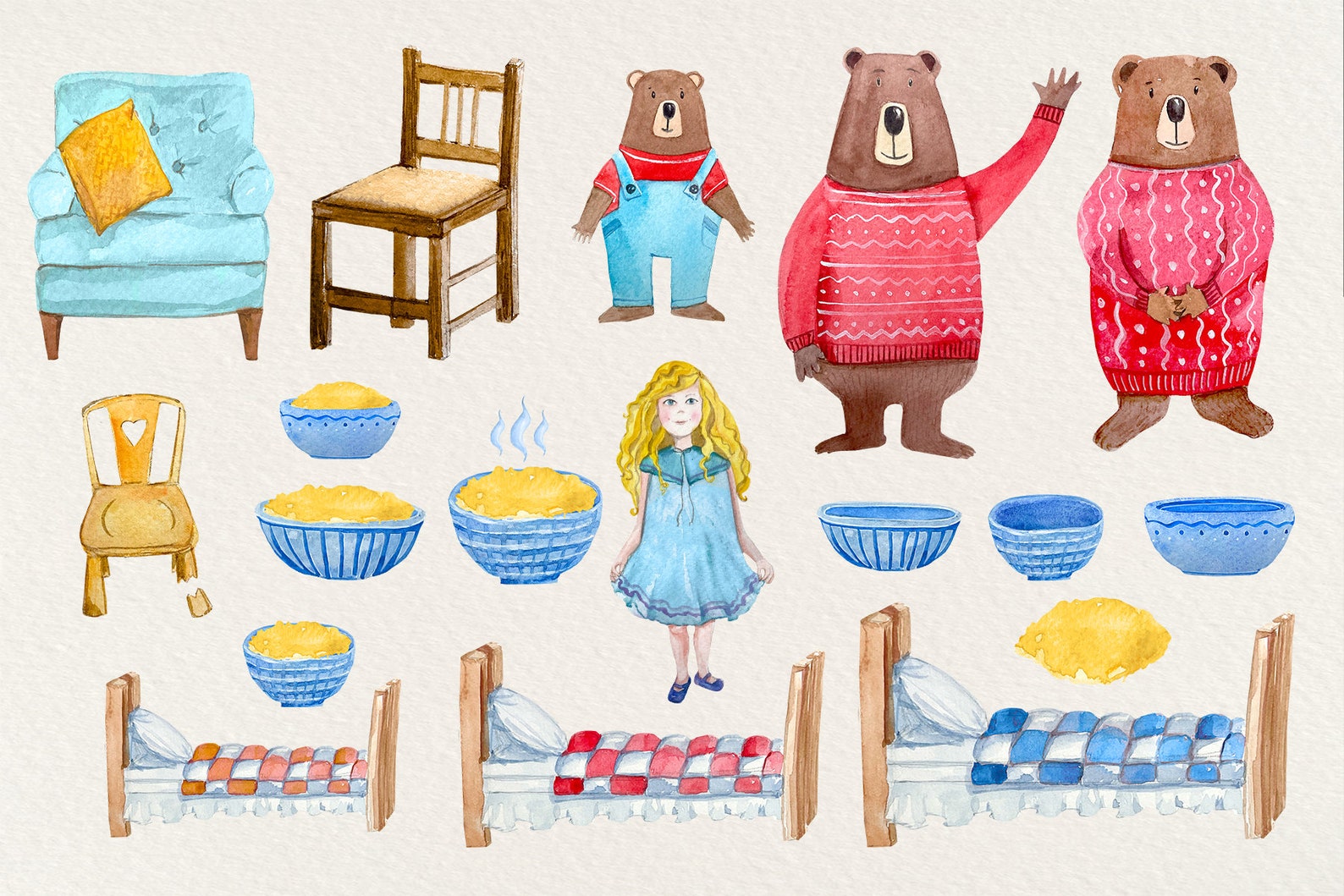 Goldilocks Watercolor Clip Art Set and Flashcards | Etsy Canada