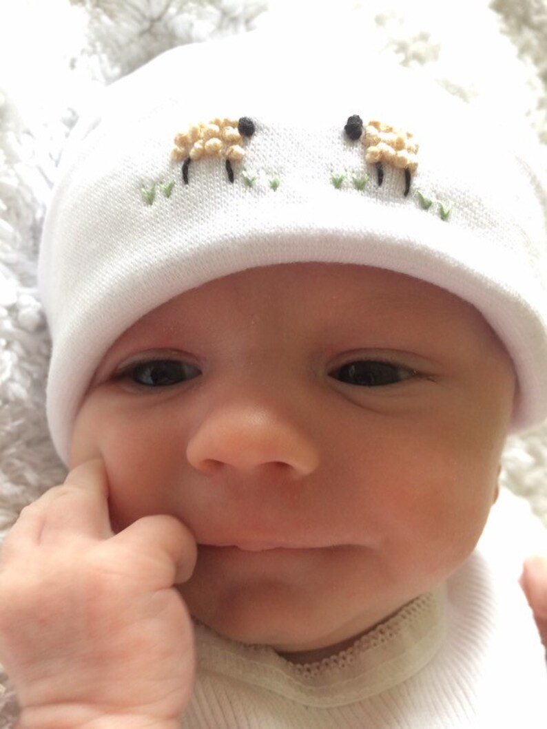 Embroidered Baby Beanie, White Baby Cap, Baby Beanie, Nursery Animals ...
