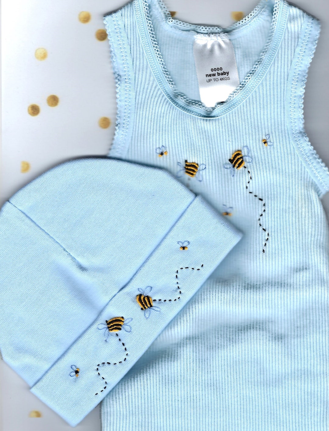 Blue Bee Baby Set, Baby Singlet, Baby Beanie, Baby Layette, Blue Set ...