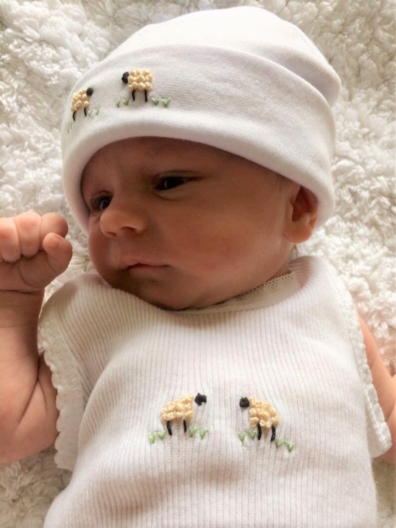 Embroidered Baby Beanie, White Baby Cap, Baby Beanie, Nursery Animals ...