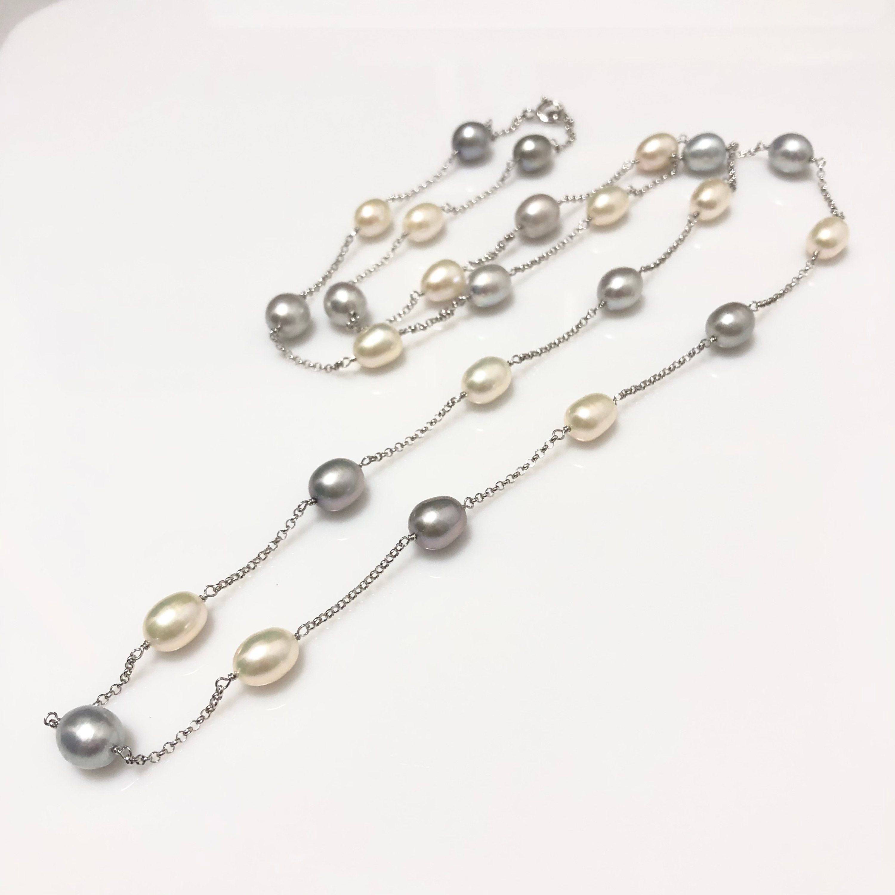 Grey Pearl Necklace, Drop Shape Freshwater Pearl, Station Necklace ...