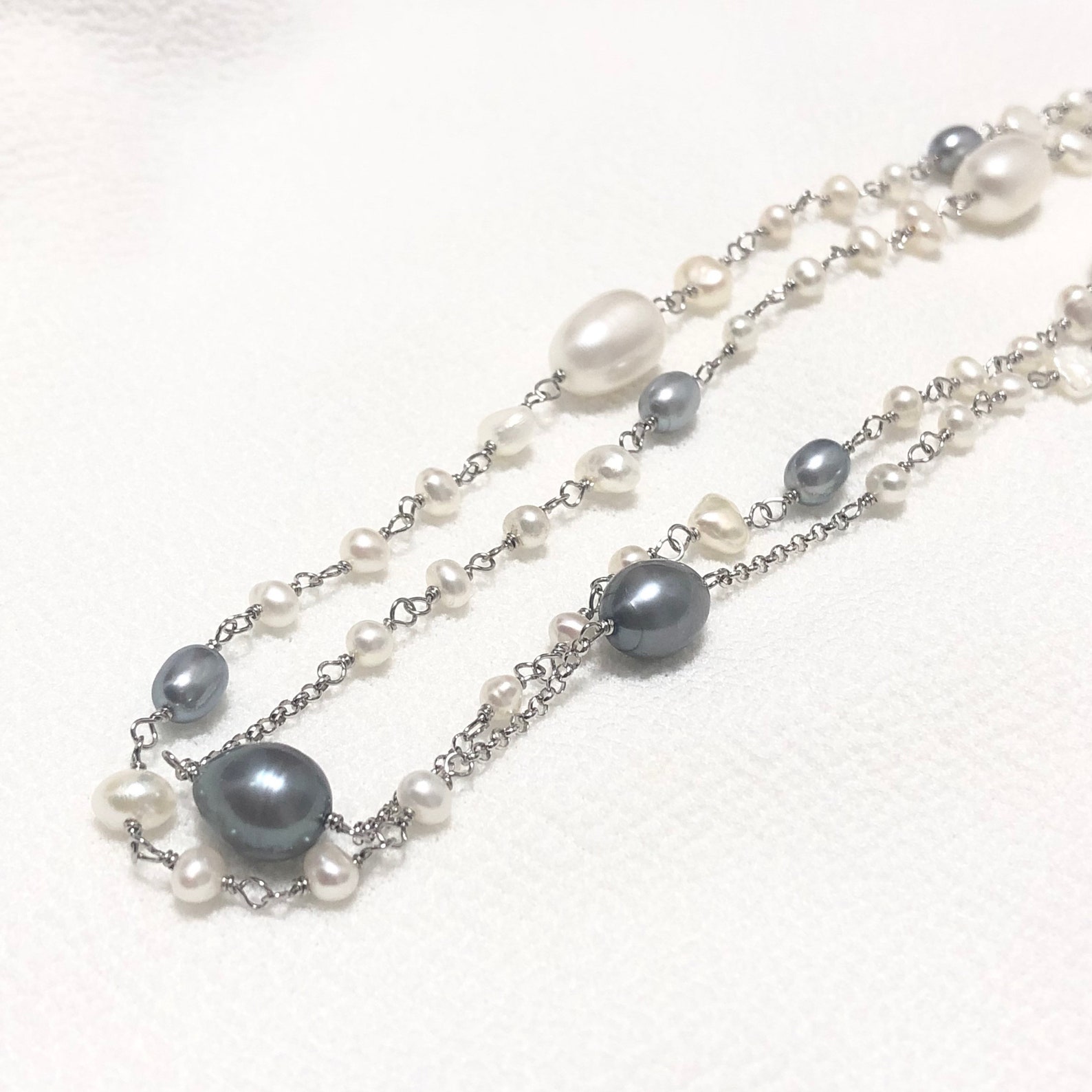 Grey Pearl Station Necklace Freshwater Pearl Drop Shape Etsy Canada