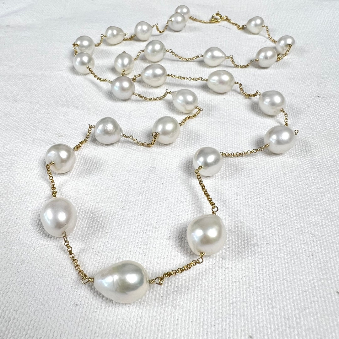Freshwater Pearl Drop Shape Pearl Silver Gold Plated Chain Long Station ...