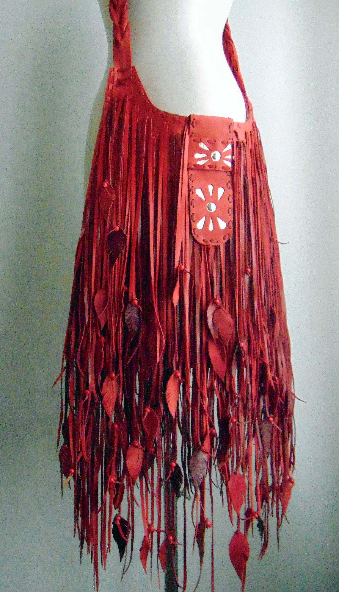 Red CrossbodyFringed Leather Bag. Native American | Etsy