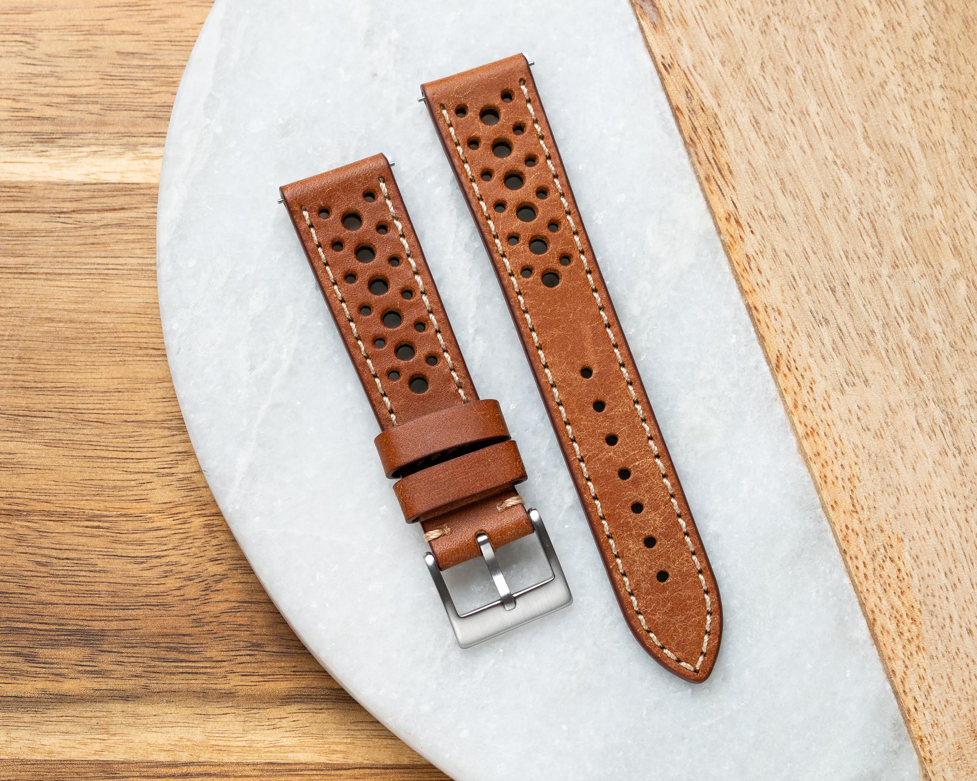 20mm 22mm Quick Release Leather Rally Racing Watch Band - Cognac Brown ...