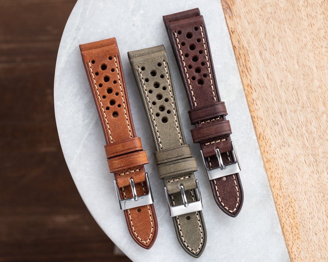 20mm Italian Leather Rally Racing Watch Band - Brown / Green / Tan ...