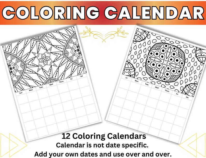 Coloring Calendar: 12 Undated Monthly Pages (PDF Download) - Etsy