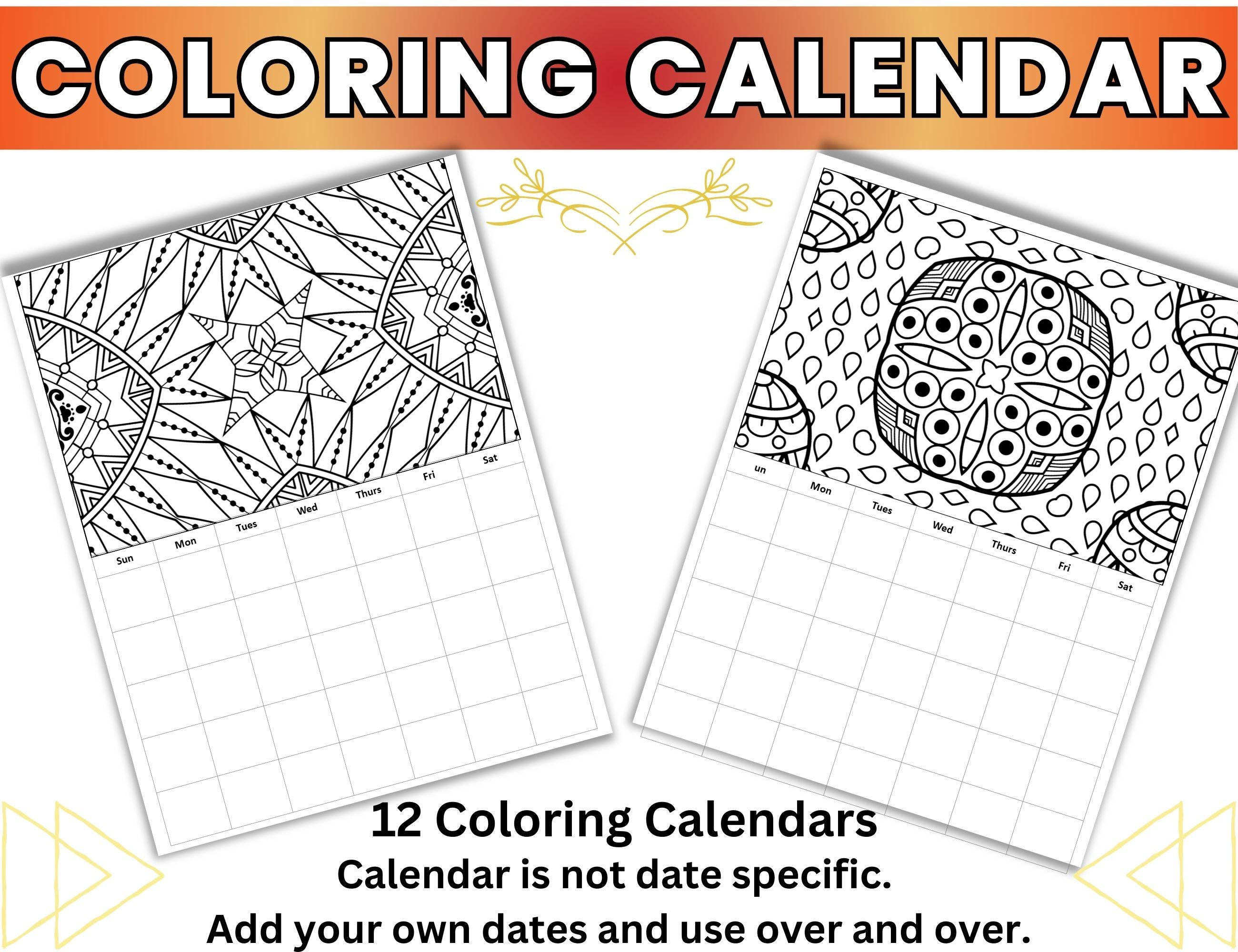 Monthly Coloring Calendar – 12 Undated Printable Calendar Pages With ...