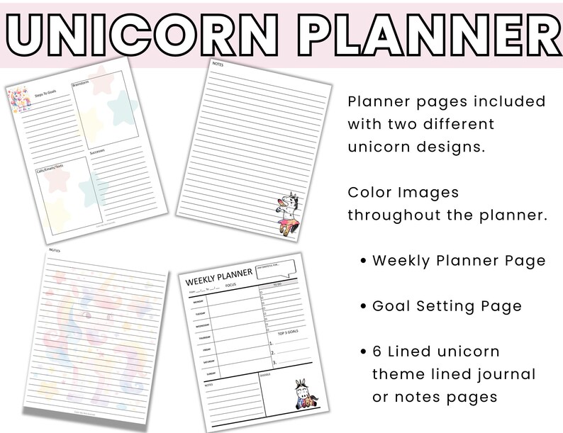 Unicorn Weekly Planner Journal – Printable Planner With Coloring & Goal ...