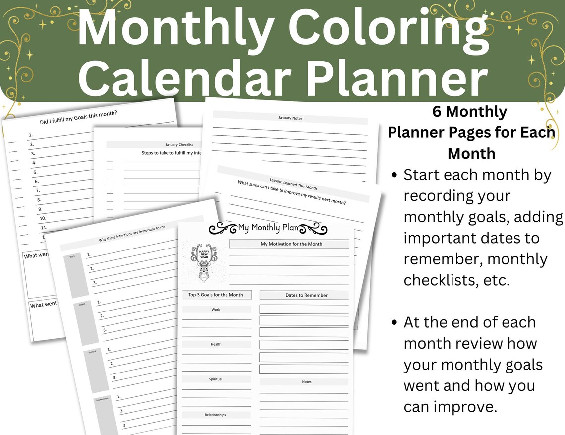 Monthly Coloring Planner- Goal Setting, Monthly Evaluating and Coloring ...
