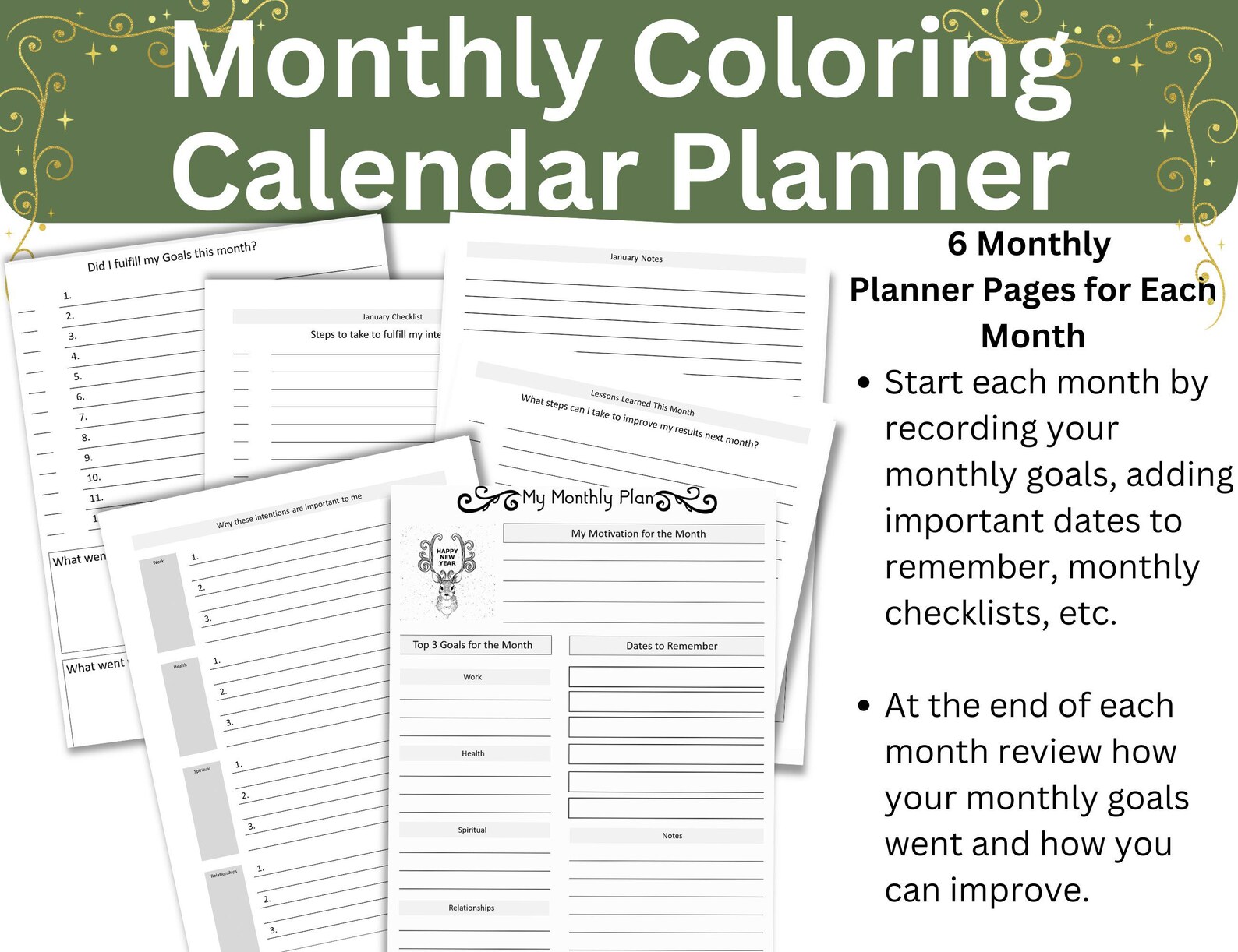 Monthly Coloring Planner: Goal Setting & Reflections (undated) - Etsy