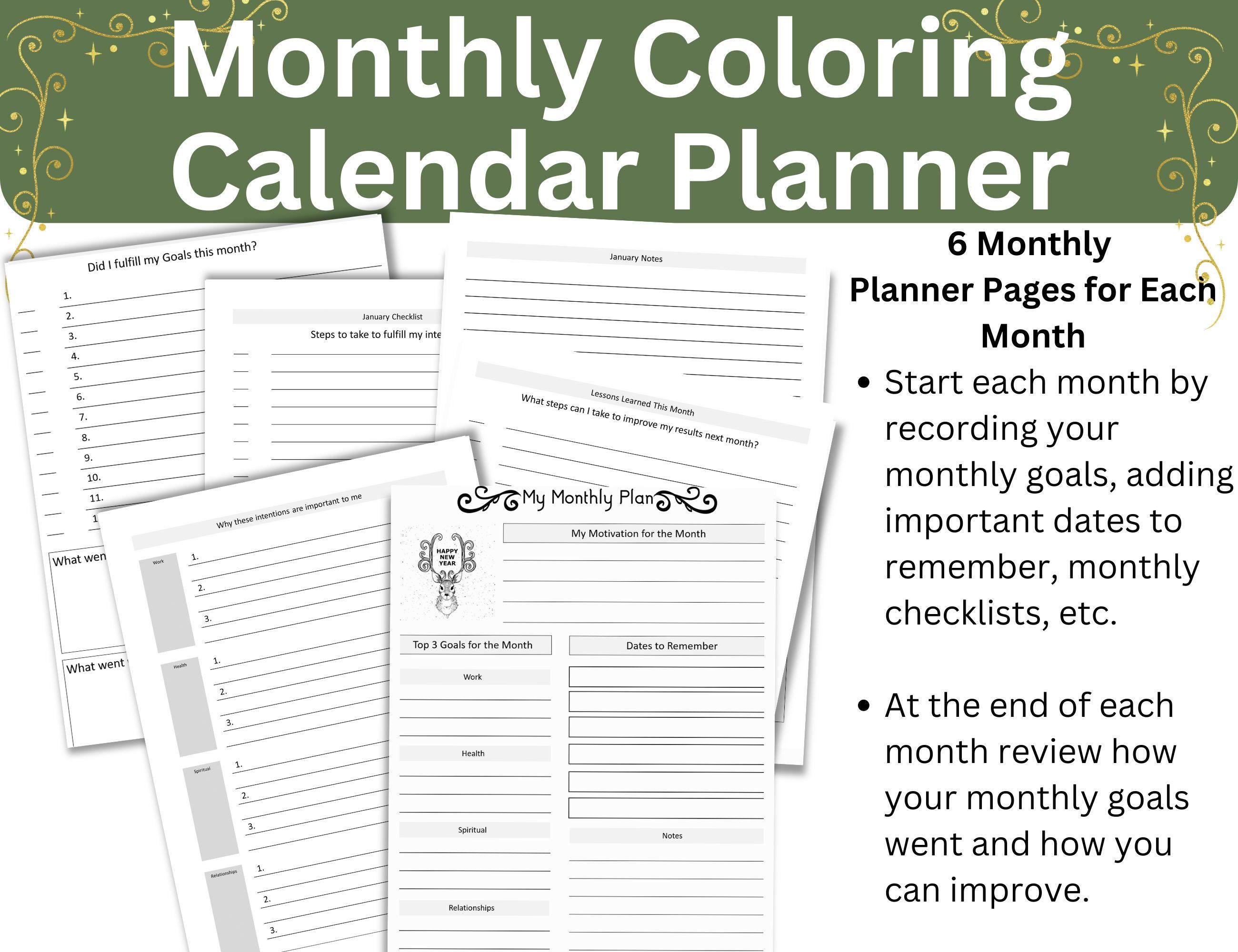 Monthly Coloring Planner: Goal Setting & Reflections (undated) - Etsy