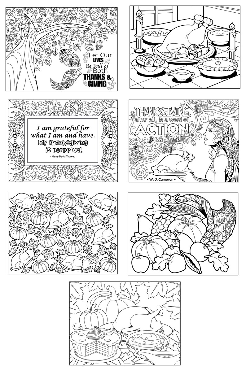 Thanksgiving & Gratitude Coloring Pages – 7 Full-page Fall-themed ...