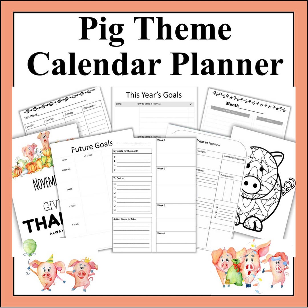 Pig Theme Yearly & Monthly Planning Calendar – Undated Weekly and ...