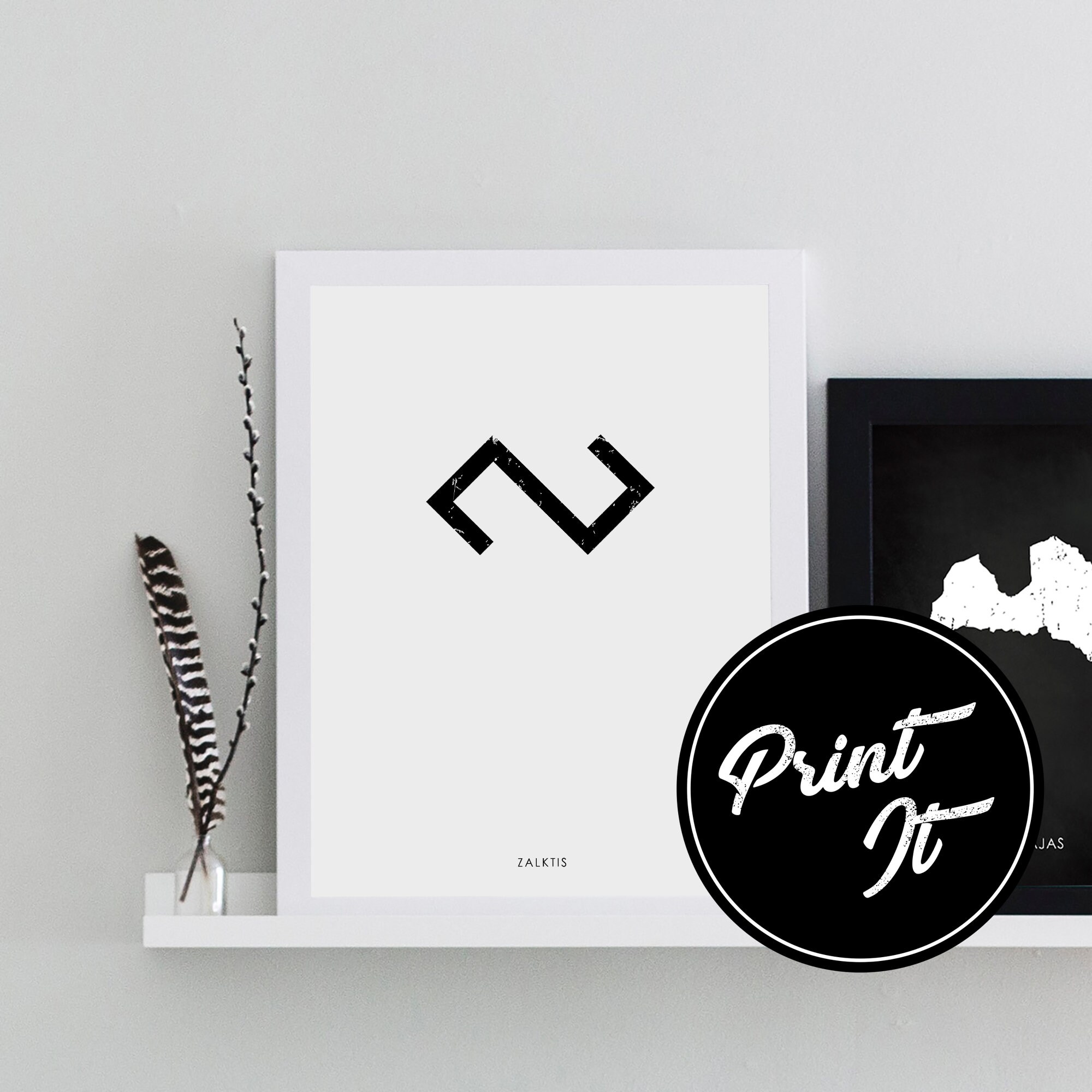 ZALKSA ZIME Zalktis antiguo cartel de símbolo pagano letón blanco sobre ...