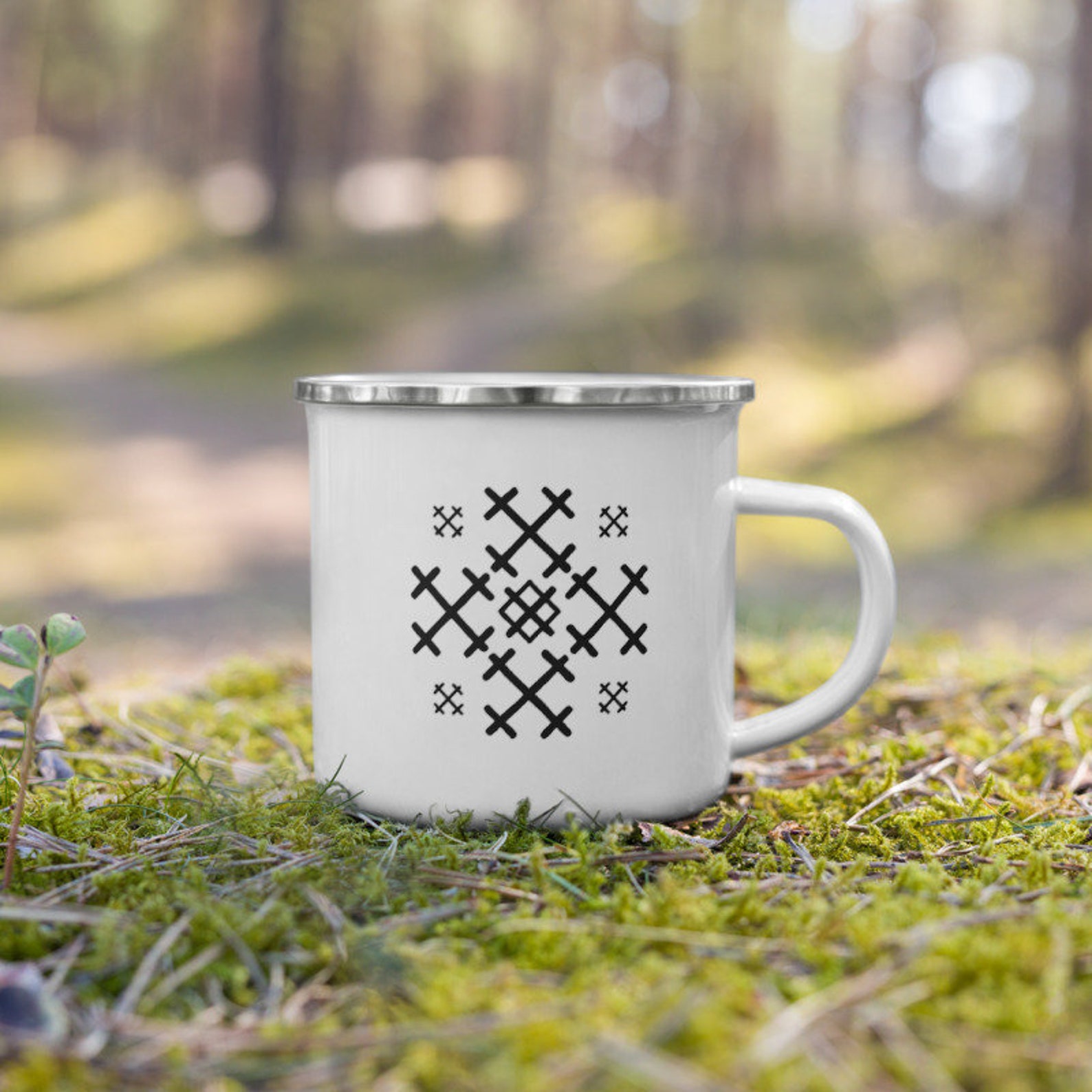 Latvian Traditional Symbol Camping Mug Maras Krusts, White Enamel Mug ...