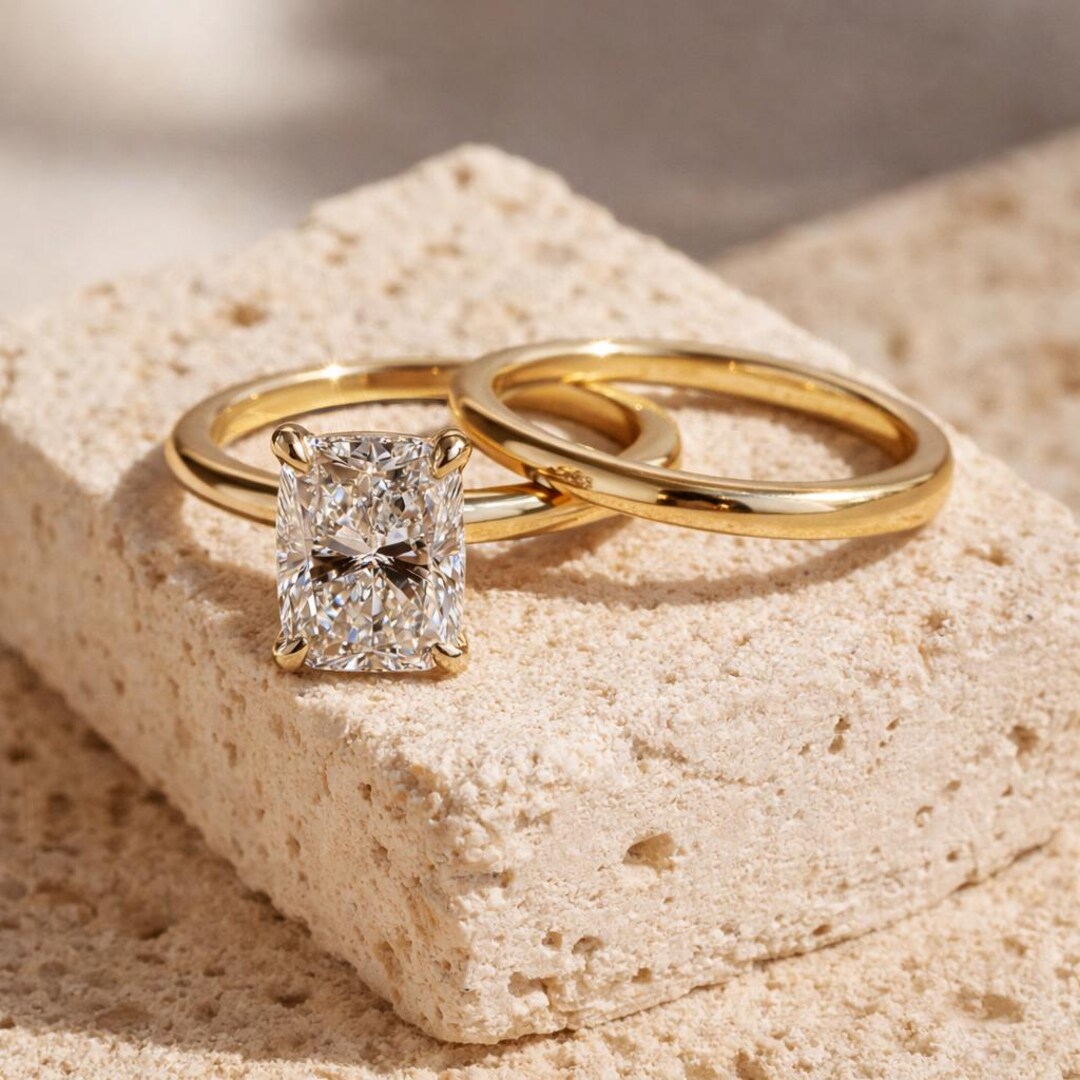 2ct Elongated Radiant Cut Lab Diamond Bridal Set | 14K Gold Hidden Halo ...