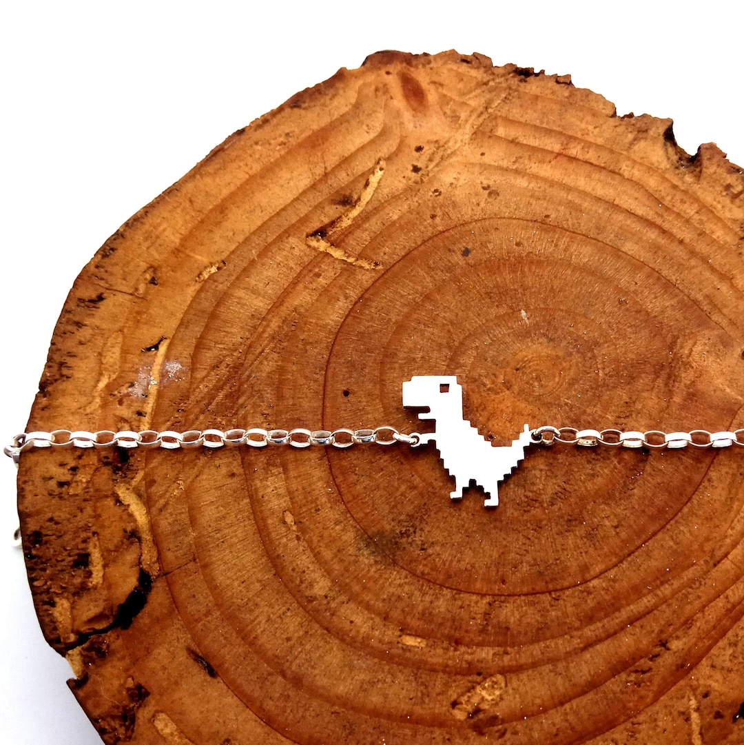 Google t rex.Dinosaur bracelet.Silver anklet.Gaming.Nerd gift.Pixel ...