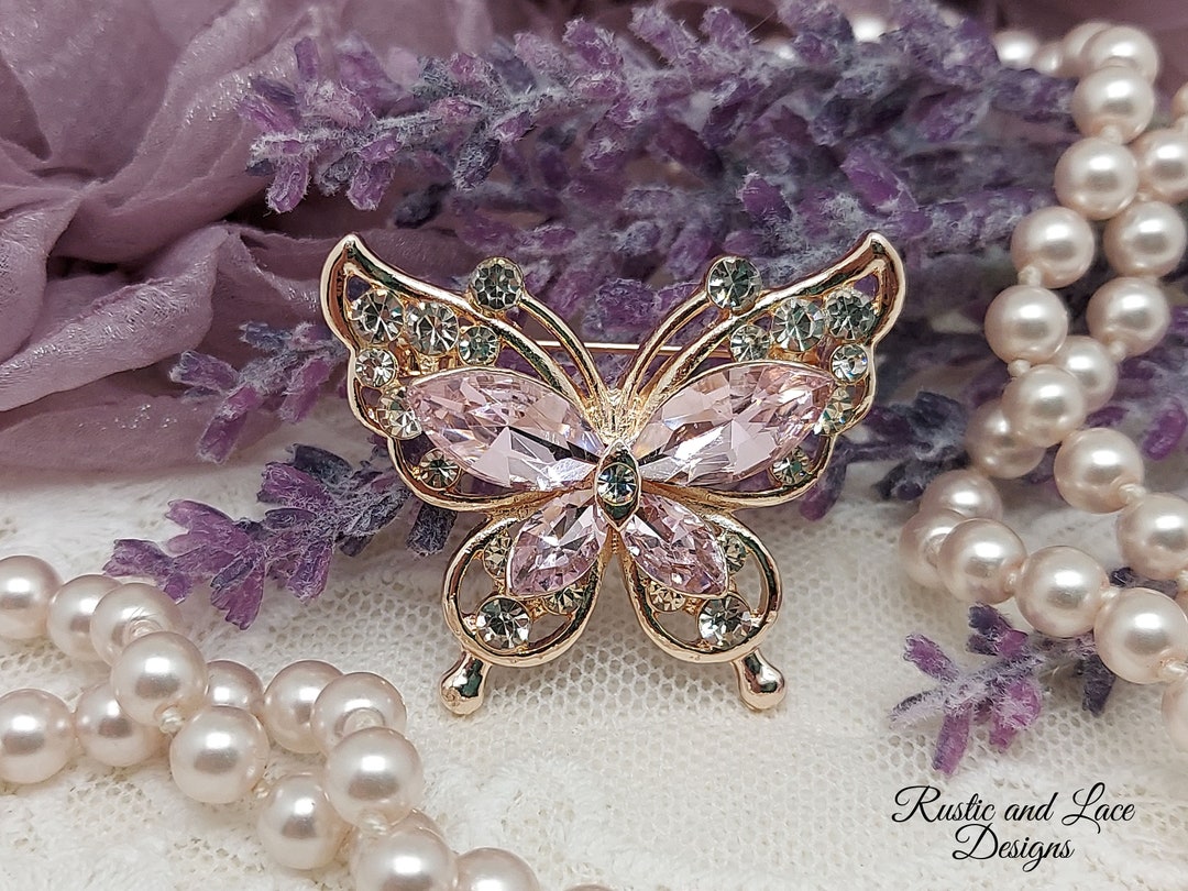 Pink Butterfly Brooch Pin in Gold With Rhinestones With Beautiful ...