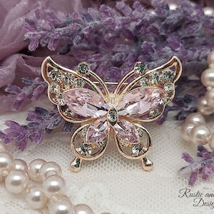 Pink Butterfly Brooch Pin in Gold With Rhinestones With Beautiful ...