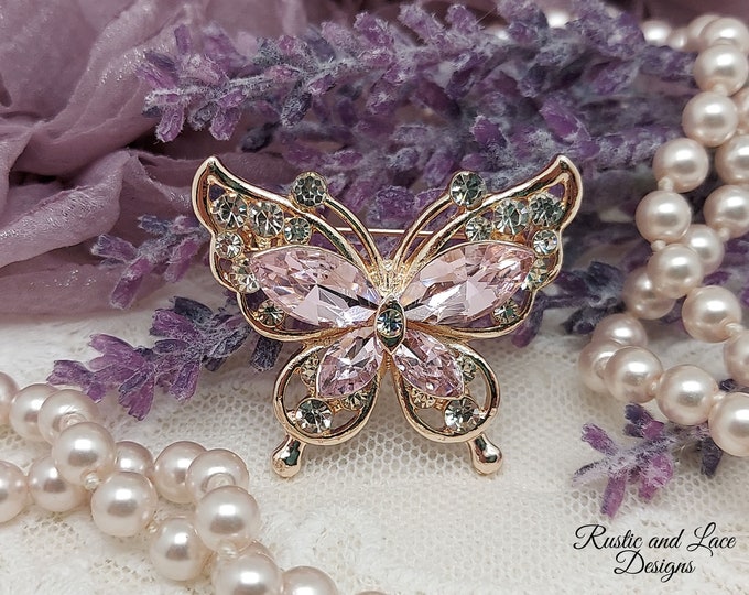 Pink Butterfly Brooch Pin in Gold With Rhinestones - Etsy