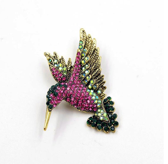 Pink Hummingbird Brooch Pin in Gold With Rhinestones - Etsy