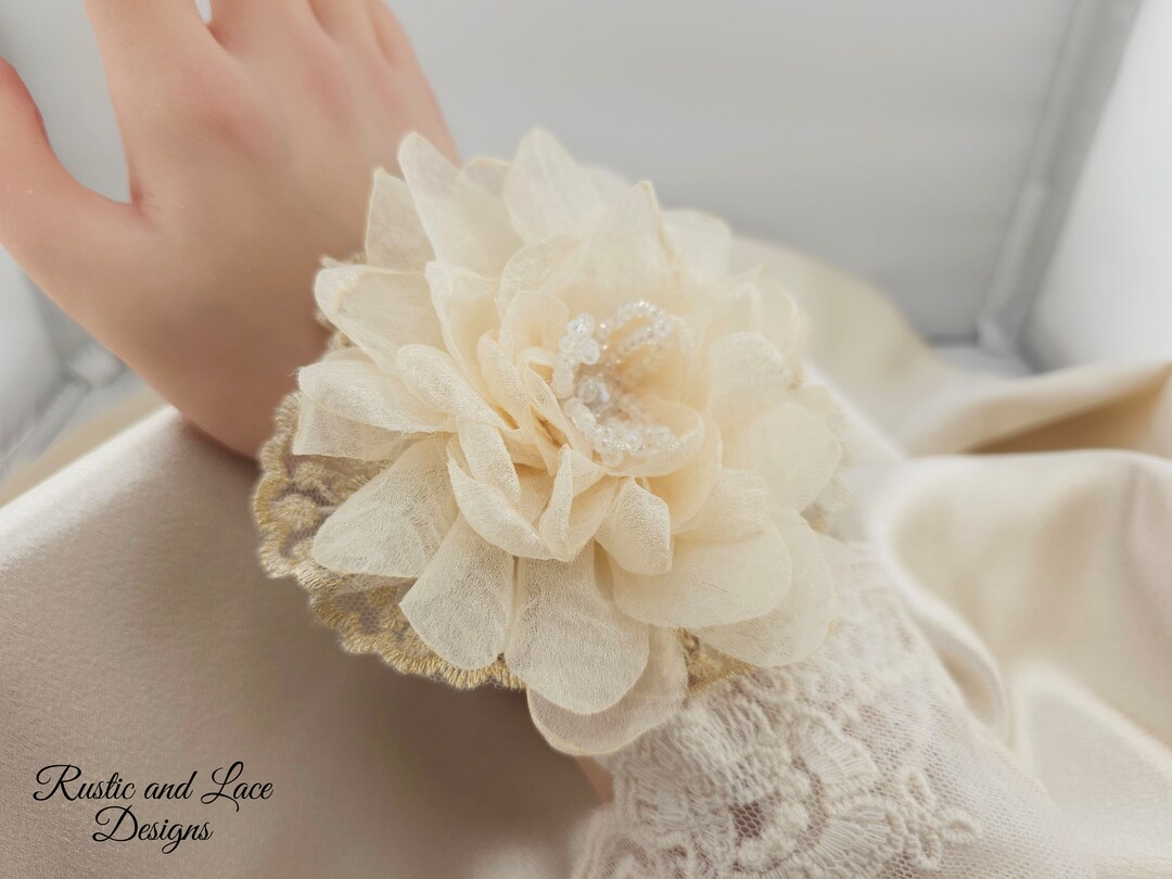 Cream Ivory Corsage With Organza, Beads, and Gold Lace Trim for Prom ...