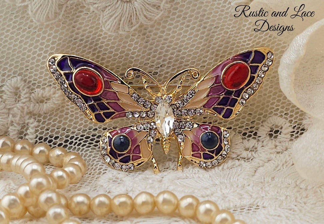 Beautiful Butterfly Brooch With Red and Clear Rhinestones and - Etsy