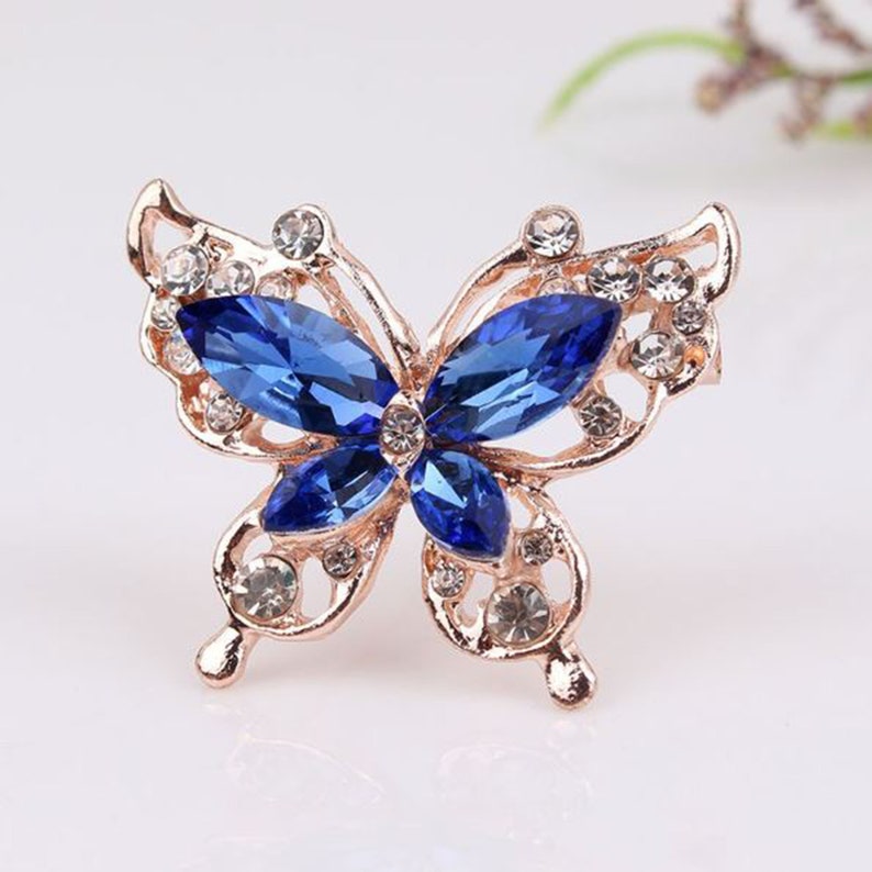 Blue Butterfly Brooch Pin in Gold With Rhinestones - Etsy