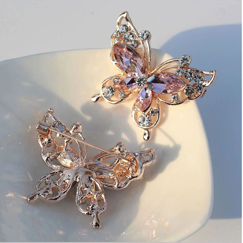 Pink Butterfly Brooch Pin in Gold With Rhinestones - Etsy
