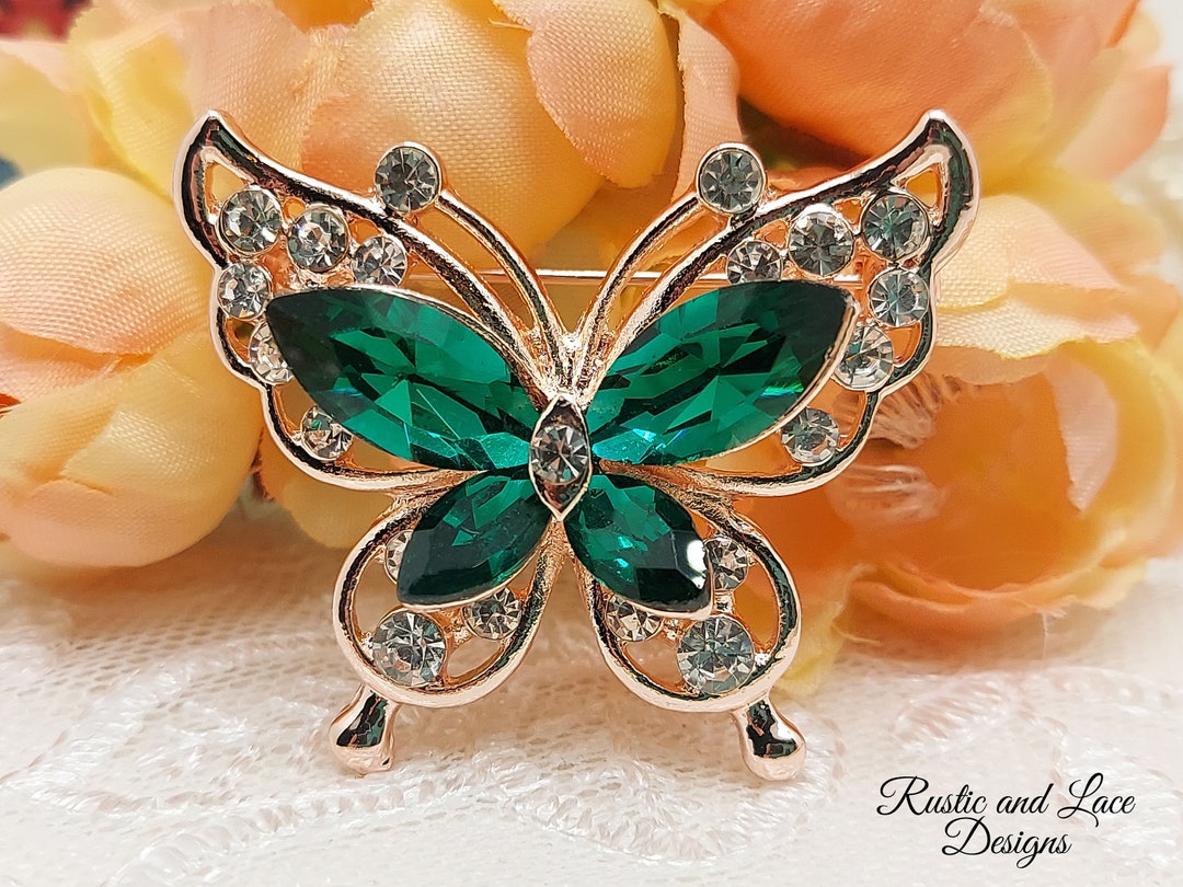 Green Butterfly Brooch Pin in Gold With Rhinestones 1.5x1.75 - Etsy