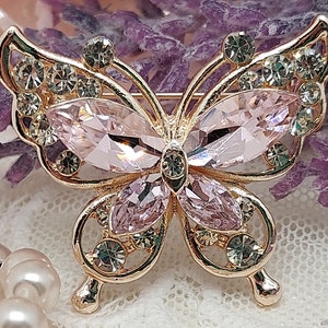 Pink Butterfly Brooch Pin in Gold With Rhinestones With Beautiful ...