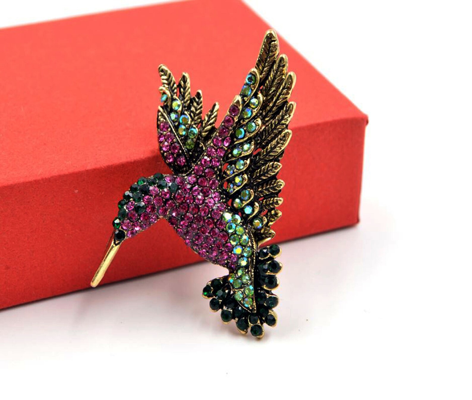 Pink Hummingbird Brooch Pin in Gold With Rhinestones - Etsy