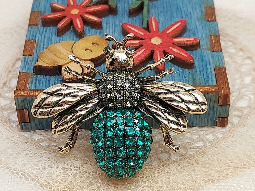 Teal Green Bee Brooch Pin in Gold With Teal Green and Champagne Colored ...
