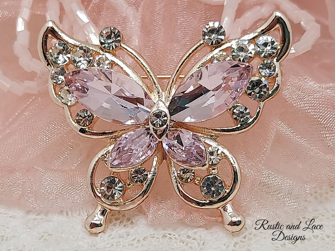 Pink Butterfly Brooch Pin in Gold With Rhinestones - Etsy
