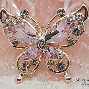 Pink Butterfly Brooch Pin in Gold With Rhinestones With Beautiful ...