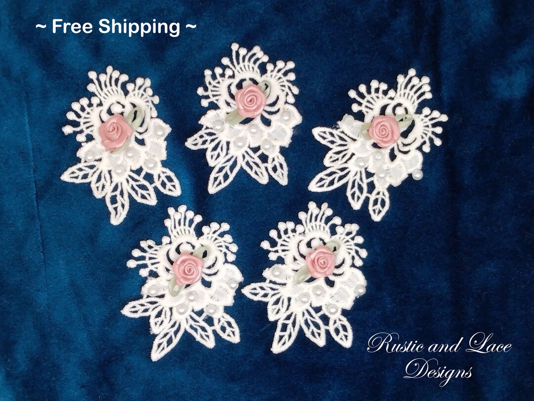 White Flower Appliques Embroidered W Pearls and a Pink Satin Rose for ...