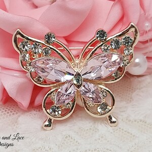 Pink Butterfly Brooch Pin in Gold With Rhinestones With Beautiful ...
