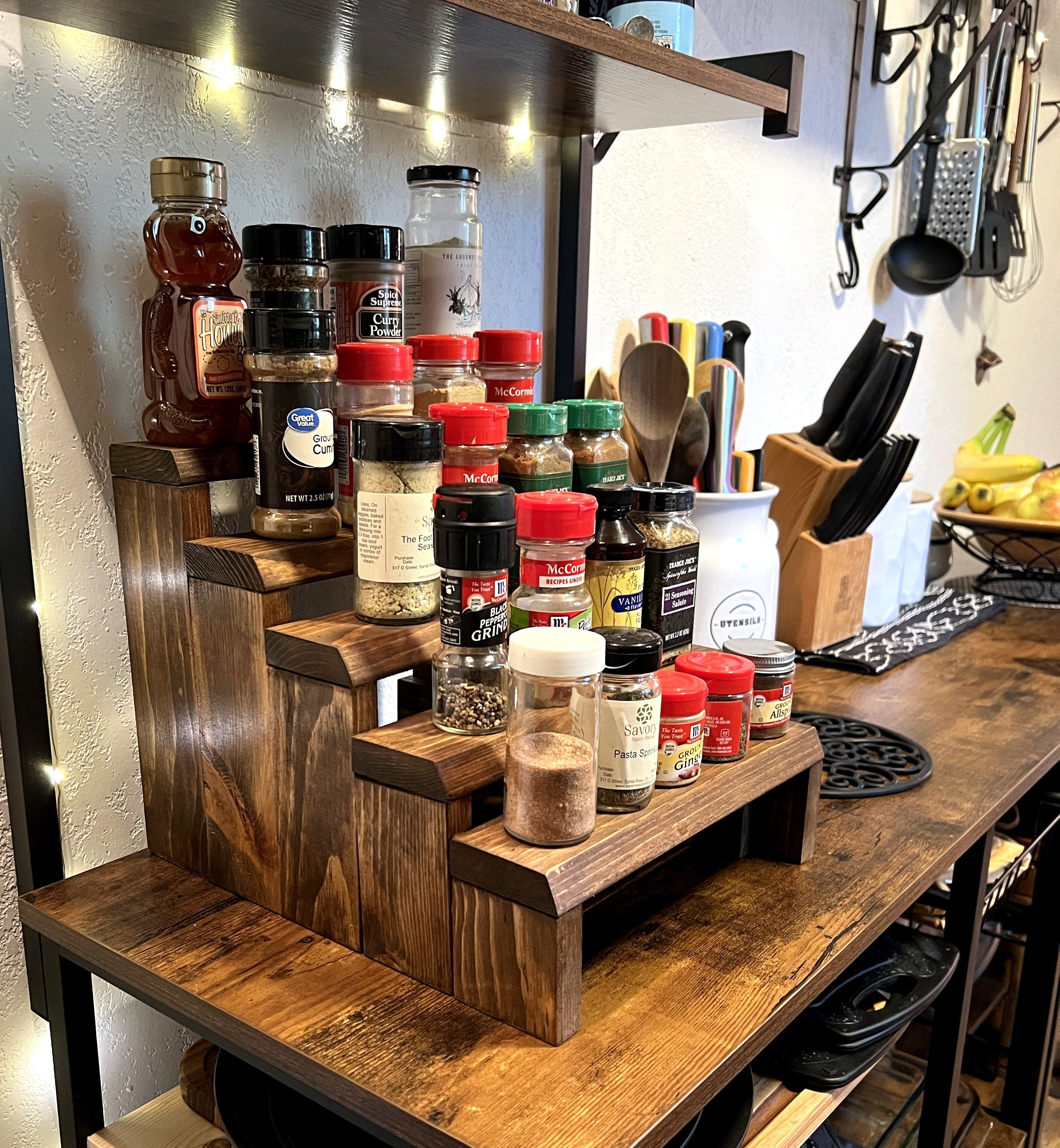 Solid Pine Wood Tiered Spice Rack Display Stand for Countertop. - Etsy