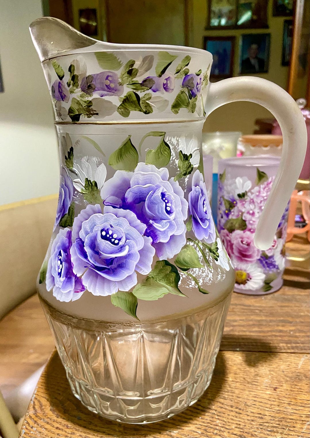 Large Glass Frosted Pitcher With Soft Purple Roses. Great for All ...