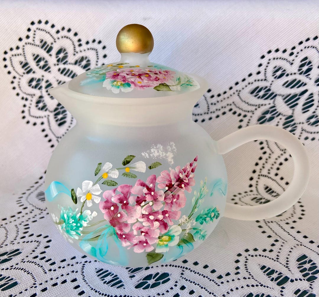 Small Individual Frosted Steeping Tea Pot. Small Floral Design on Pot ...