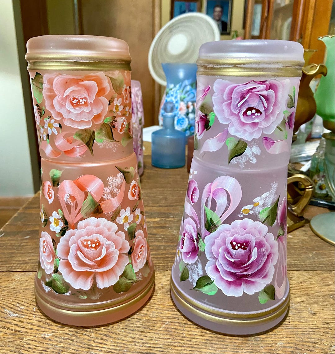 Hand Painted Glass Bedside Carafe With Cup: Pink Peach Roses - Etsy