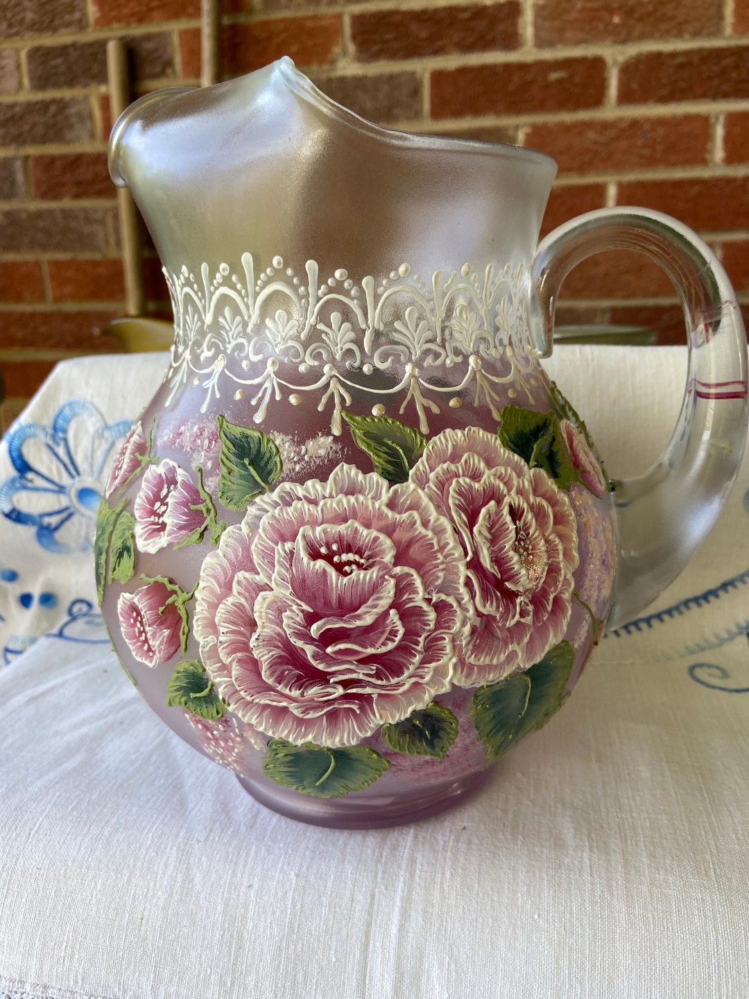 Hand Painted 2 Quart Glass Frosted Pitcher With Soft Pink Roses. Would ...