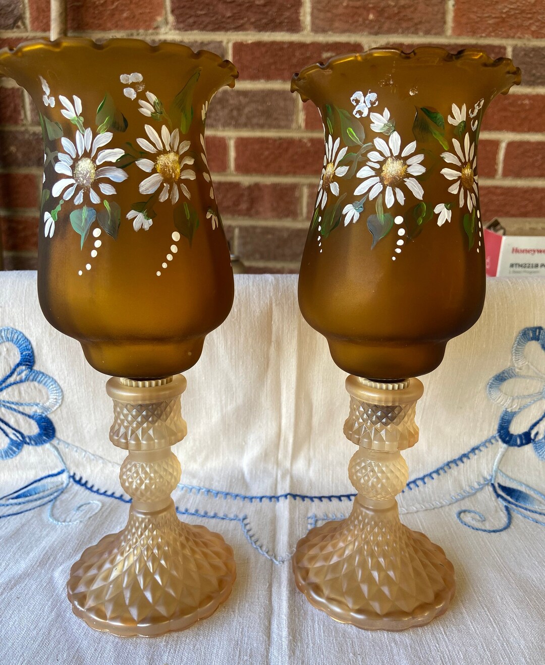 Hand Painted Set of 2 Amber Colored Glass Votive Candle Cups With ...