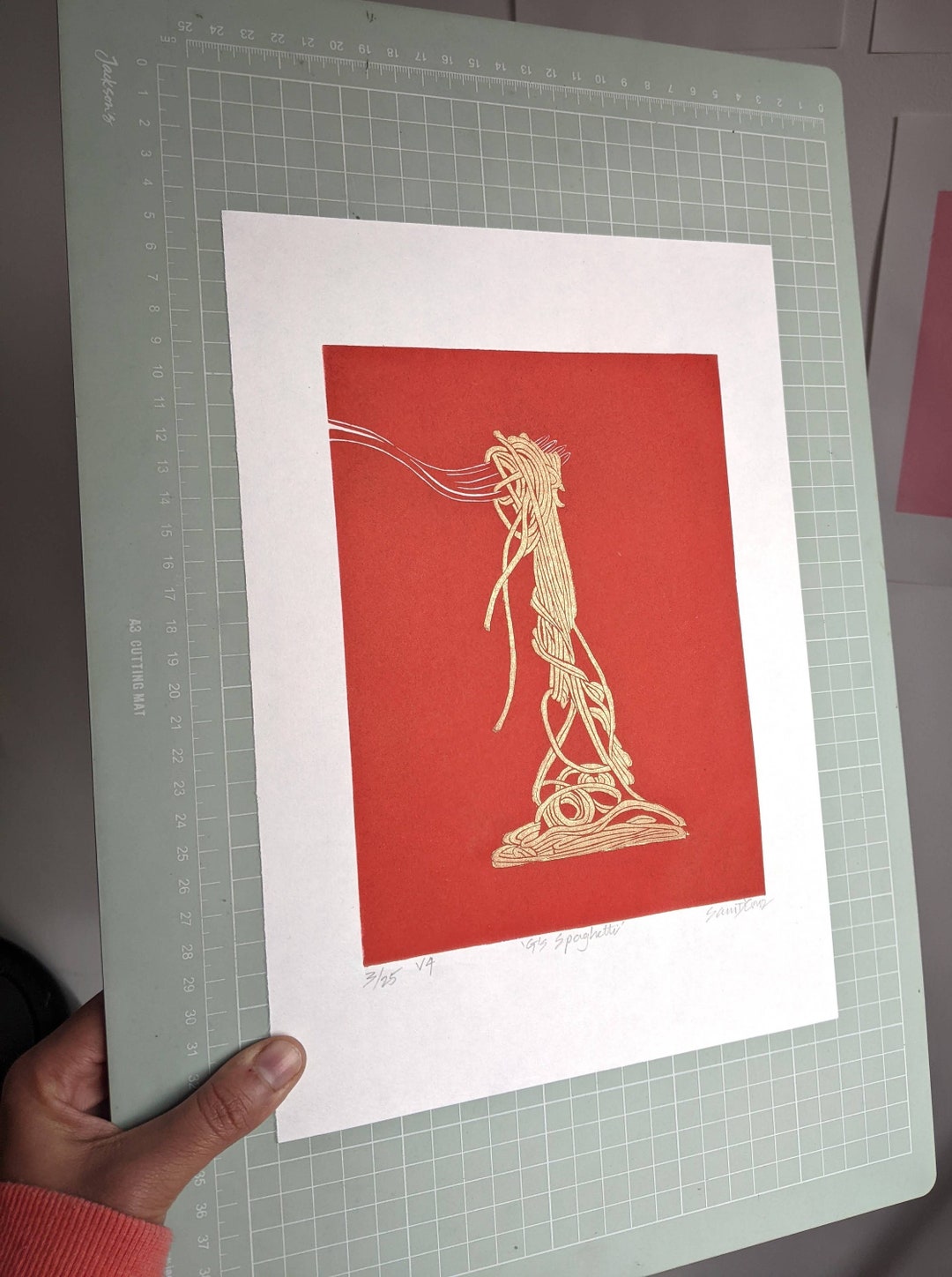 A4 Original Spaghetti Print - Hand Printed Linocut Pasta for Home Décor ...